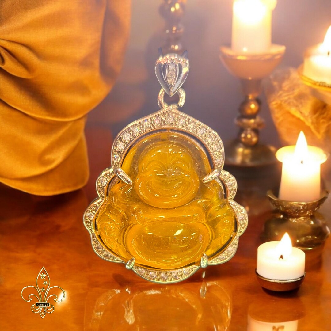 HAPPY BUDDHA Honey Jade Pendant ( Plated Framed) - Etsy