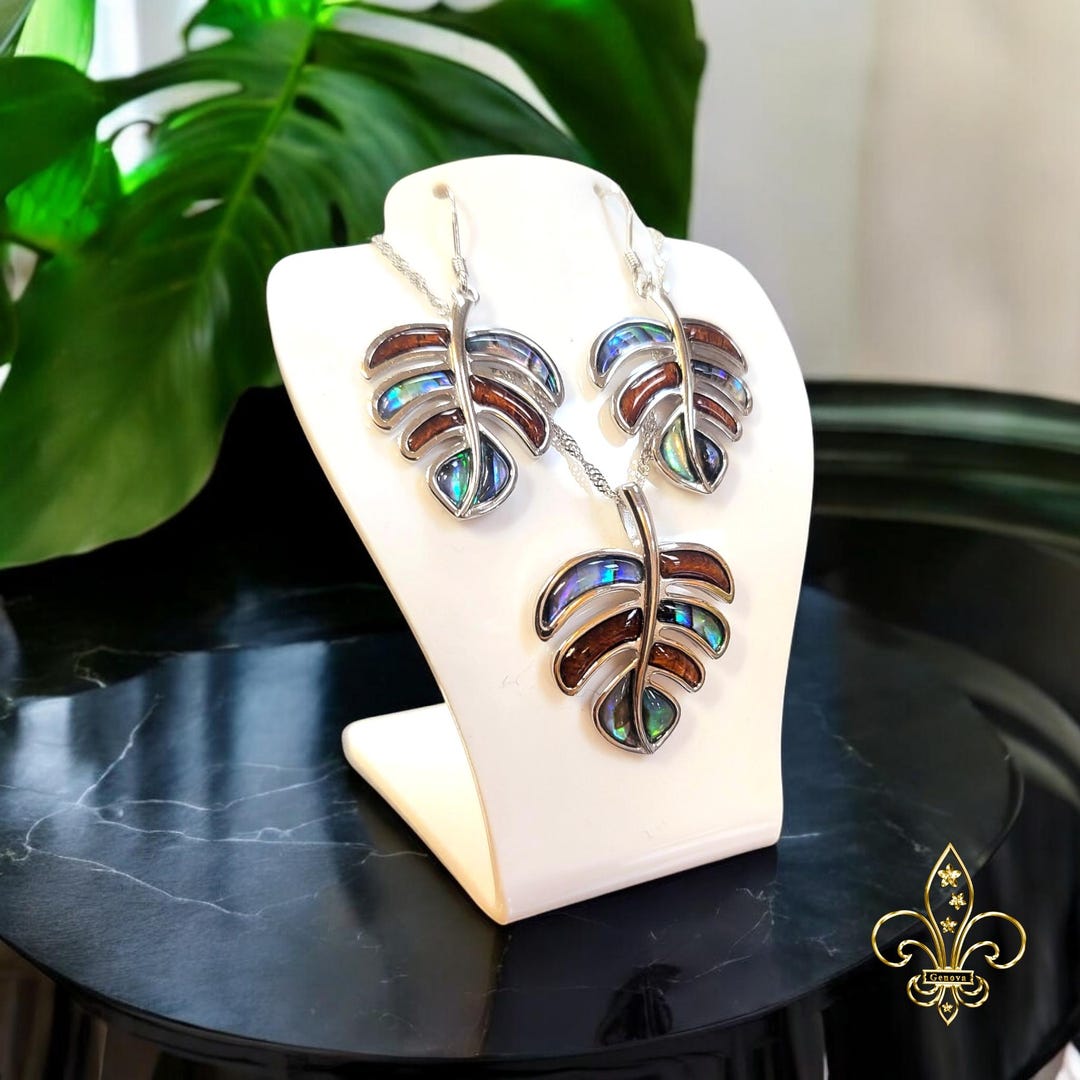 HAWAIIAN KOA WOOD & Abalone Shell Monstera Set (in Sterling Silver 925 ...