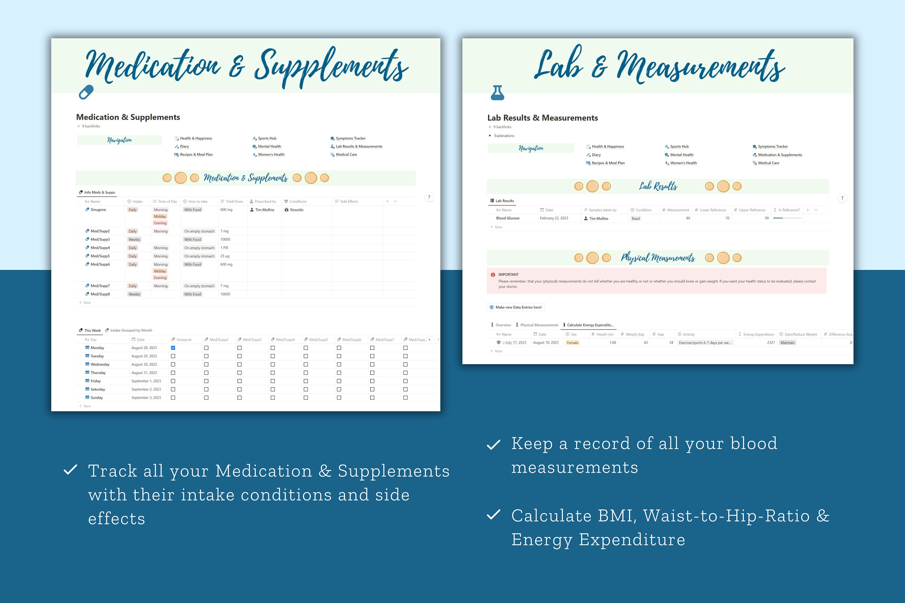 Notion Health Dashboard Meal Planner Journal Template Food Sports Mood ...
