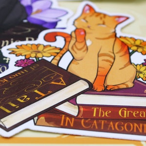 Silver Cat With Book Puns and Flowers Sticker Set - Etsy