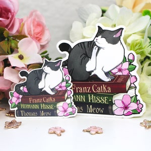 Silver Cat With Book Puns and Flowers Sticker Set - Etsy