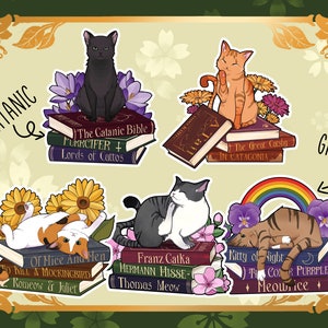 Silver Cat With Book Puns and Flowers Sticker Set - Etsy