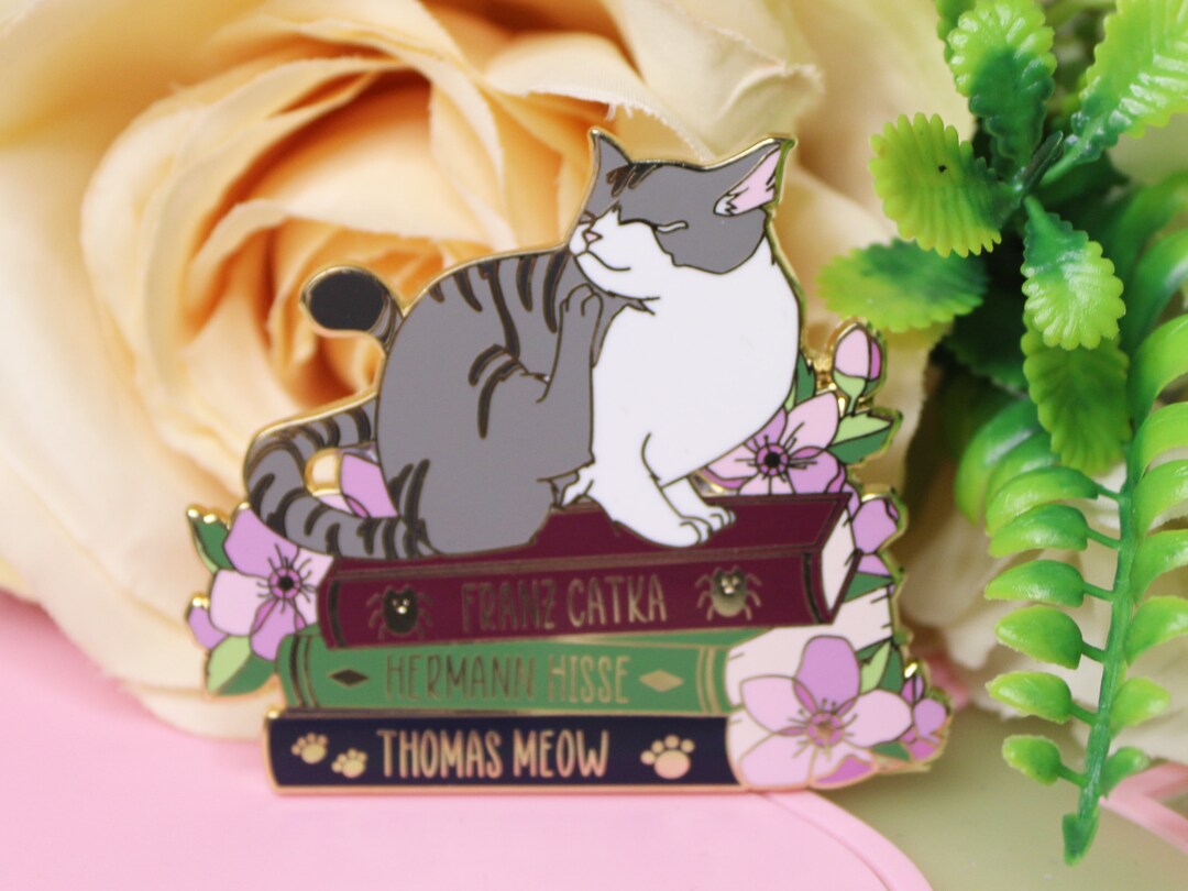 Silver Cat on Book With Puns - Hard Enamel Pin - Etsy