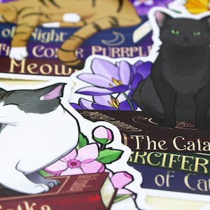 Silver Cat With Book Puns and Flowers Sticker Set - Etsy