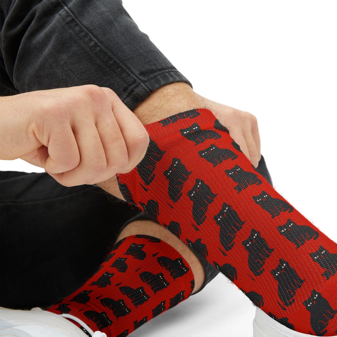 Red and Black Cat Socks, Red Background Feline Lover Gift, Gothic ...