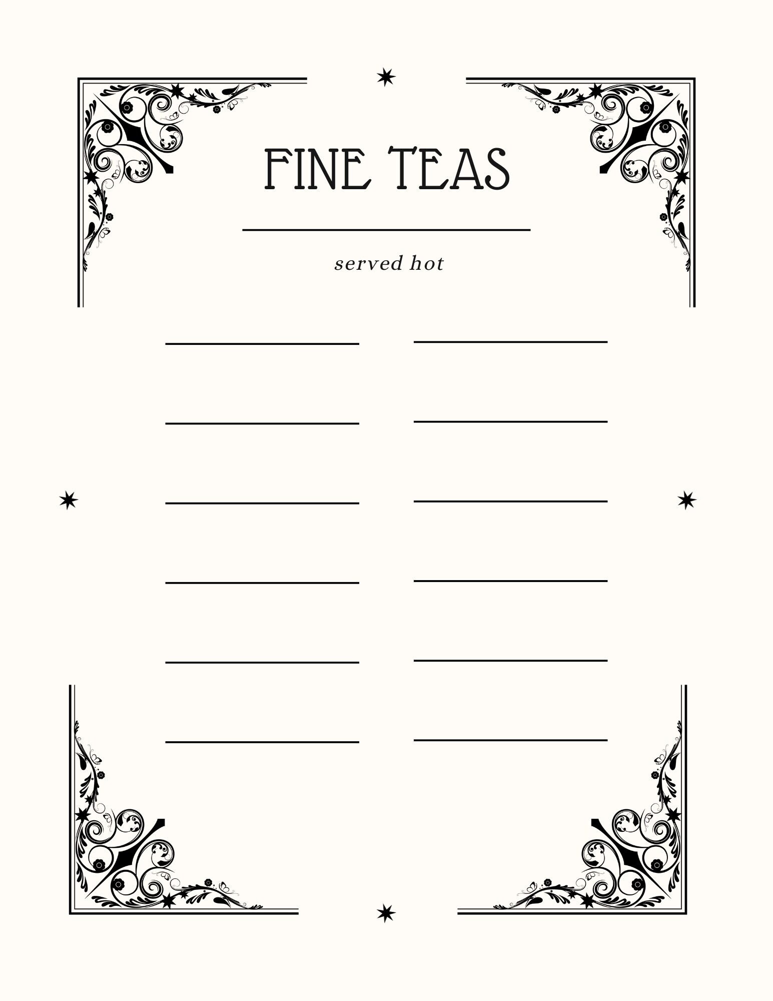 Fine Teas Printable Menu - Etsy