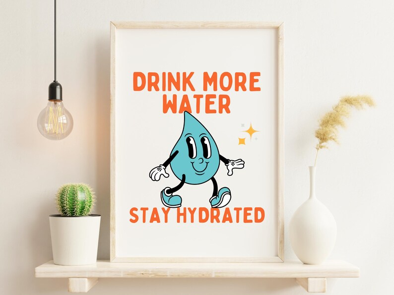 Drink Water Poster Retro Stay Hydrated Vintage Character Print Drink ...