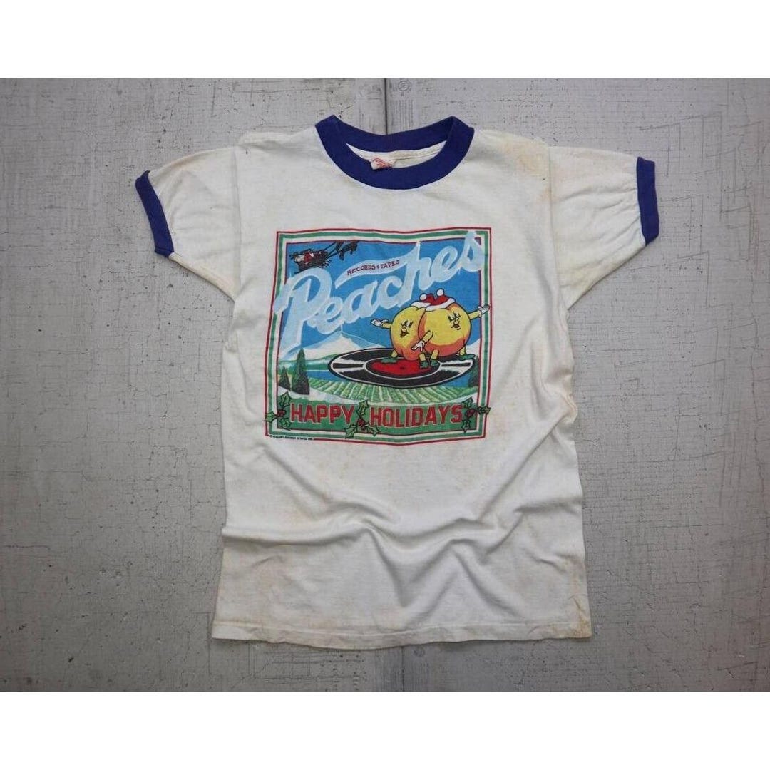 Vintage 70s Peaches Records and Tapes Ringer Happy Holidays T Shirt Sz ...