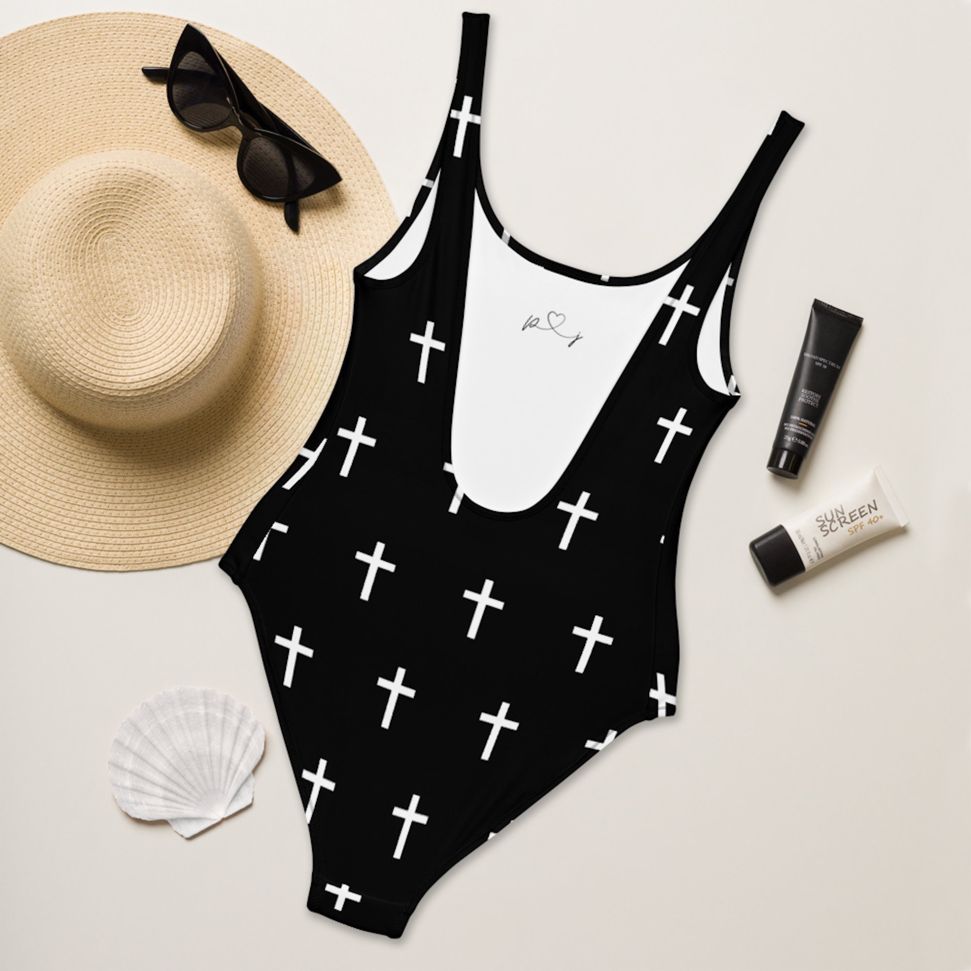 Flattering Christian Cross Print One Piece Black Swimsuit Cool ...