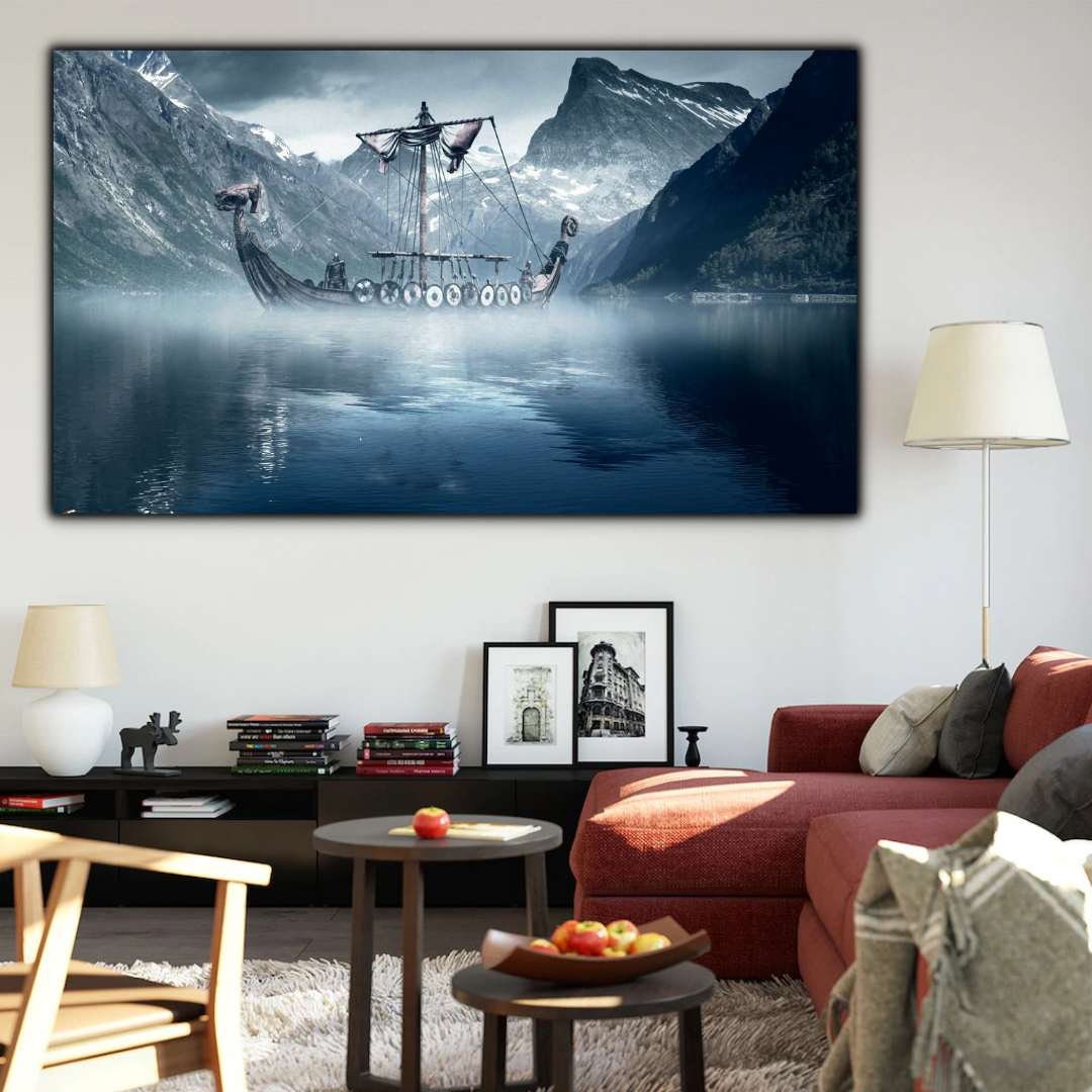 Viking Ship Canvas Print, Viking Ship in Misty Fjord With Snow Capped ...
