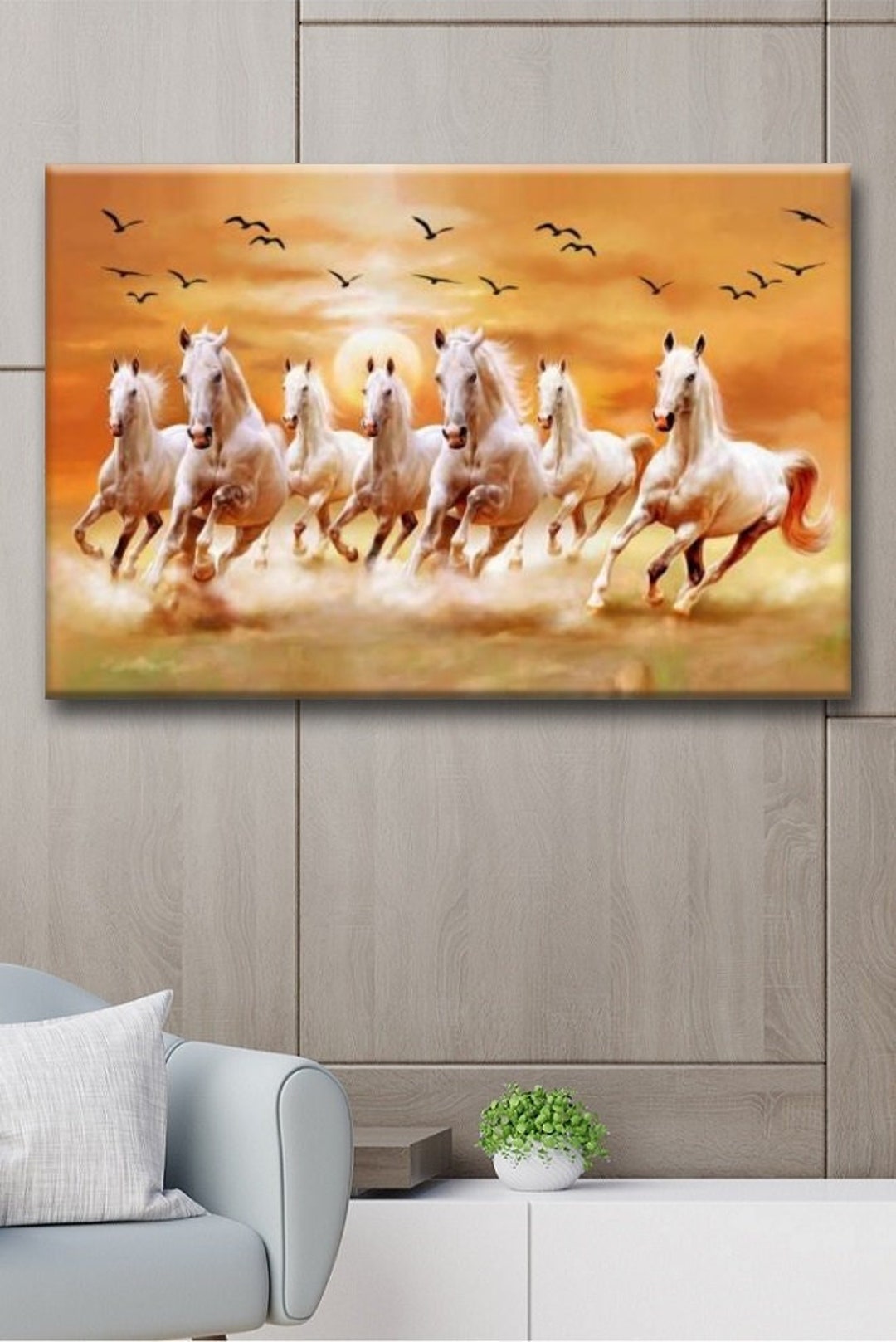7 laufende Pferde und Vögel fliegen Leinwand Kunst, Pferd Leinwand Druck, Landschaftskunst ...