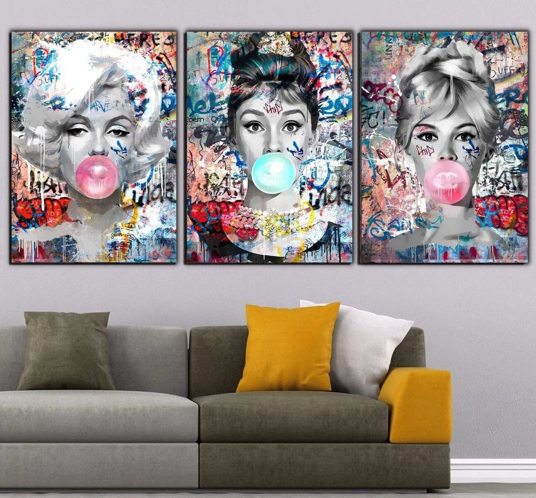 Blowing Bubbles Pop Art Set of 3 Print, Blowing Bubble Gum Canvas Art ...