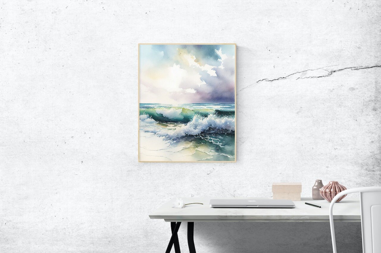 Ocean Wave Beach Watercolor Wall Art, Calm Relaxing Watercolor Art ...
