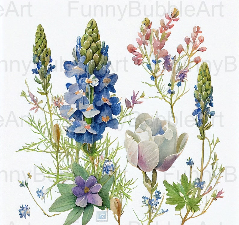 Texas Bluebonnets Watercolor Clipart Unique Flower - Etsy