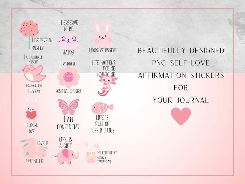 Kawaii Pink Self Love Affirmation Stickers DIGITAL, Precropped Digital ...