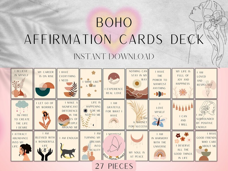 27 BOHO Positive Affirmation Cards Deck PRINTABLE Daily - Etsy