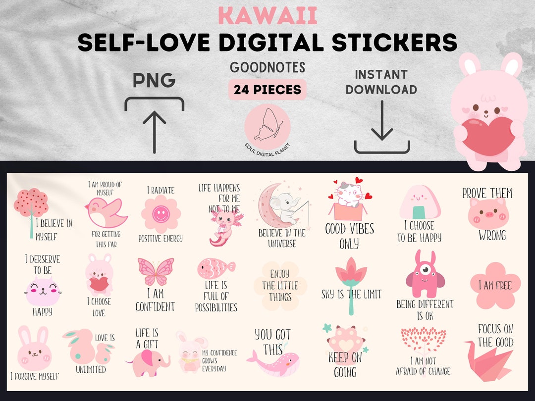 Kawaii Pink Self Love Affirmation Stickers DIGITAL, Precropped Digital ...