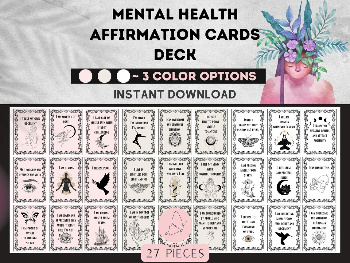 27 Mental Health Affirmation Cards Deck PRINTABLE, Daily Affirmations ...