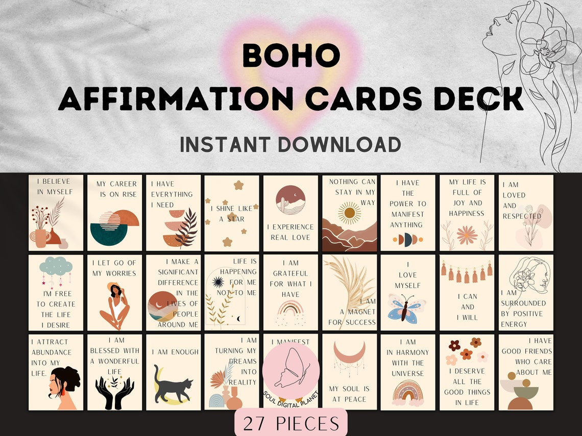 27 BOHO Positive Affirmation Cards Deck PRINTABLE, Daily Affirmations ...