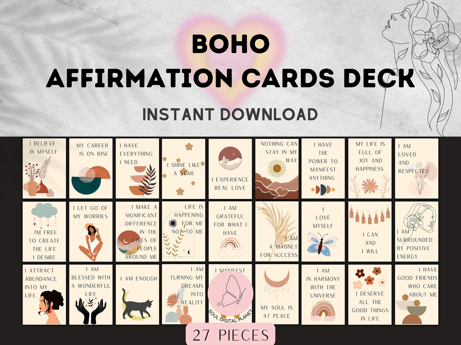 27 BOHO Positive Affirmation Cards Deck PRINTABLE, Daily Affirmations ...