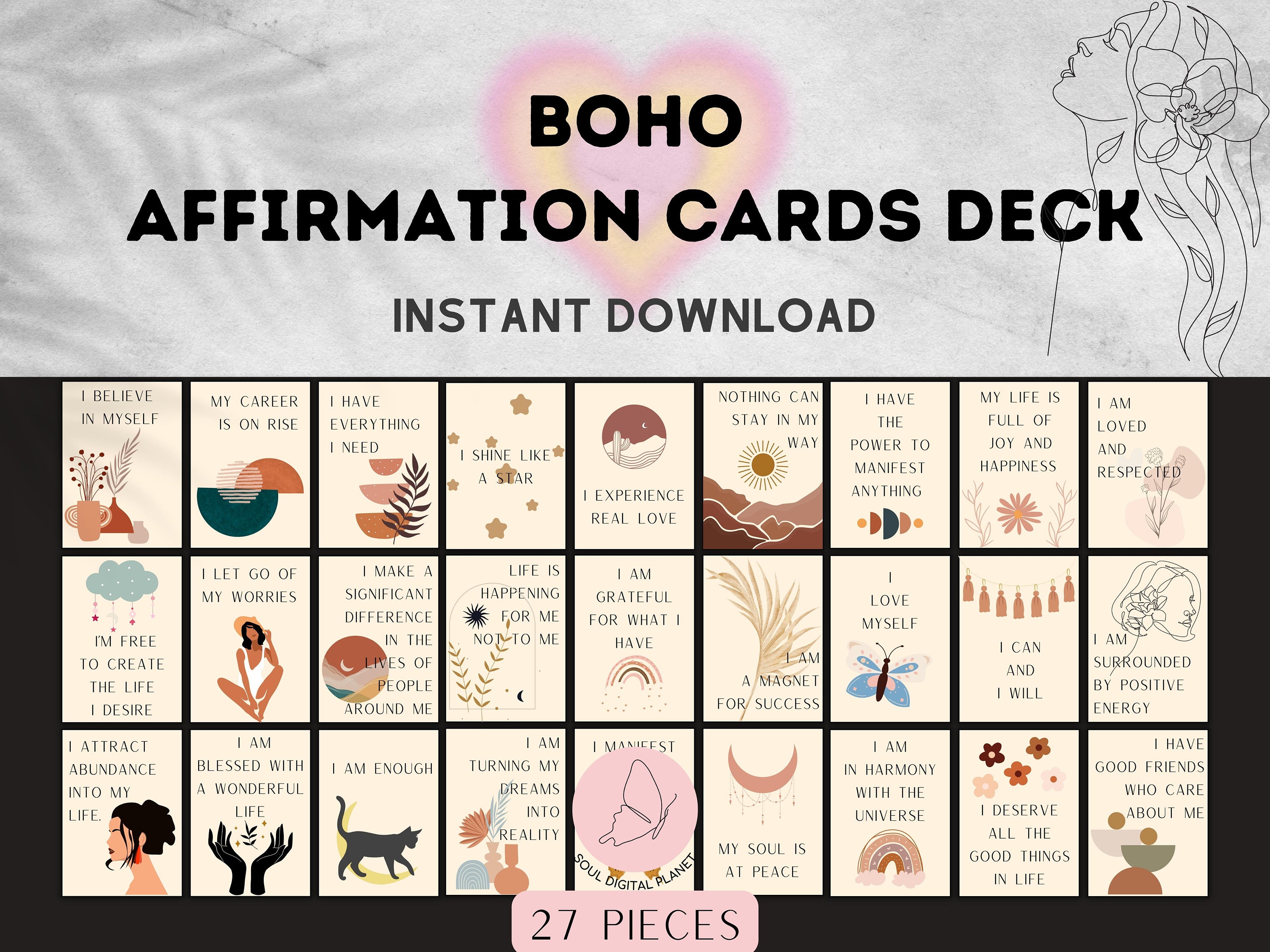 27 BOHO Positive Affirmation Cards Deck PRINTABLE, Daily Affirmations ...