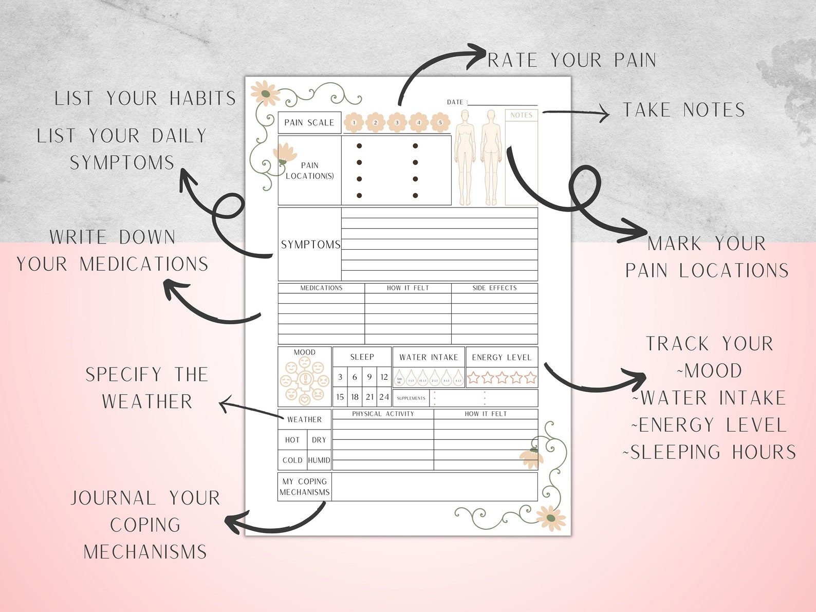 Chronic Pain Journal, Daily Symptom Tracker, Printable Health Tracker ...
