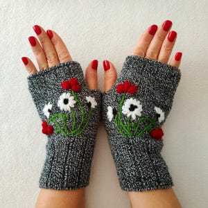 Hand Knitted Fingerless Gloves With Embroidered Flower/handmade ...