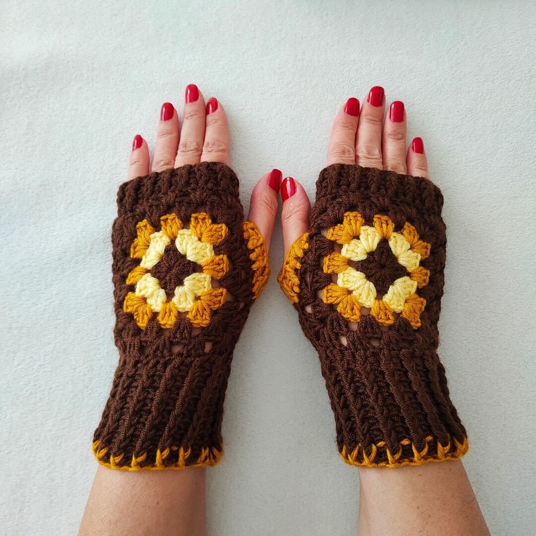 Handmade Crochet Granny Square Fingerless Gloves: Brown, Yellow, and ...