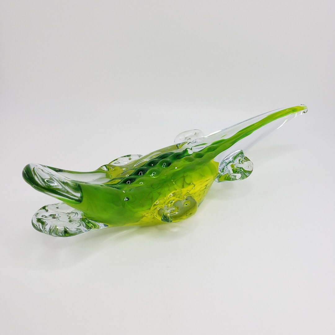 Vintage Art Glass Green and Yellow Alligator Paperweight Figurine - Etsy