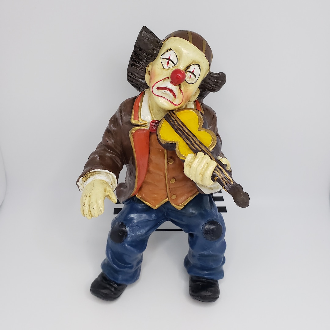 Ceramic Sad Circus Clown Sitting on A Bench Playing A Violin Figurine ...