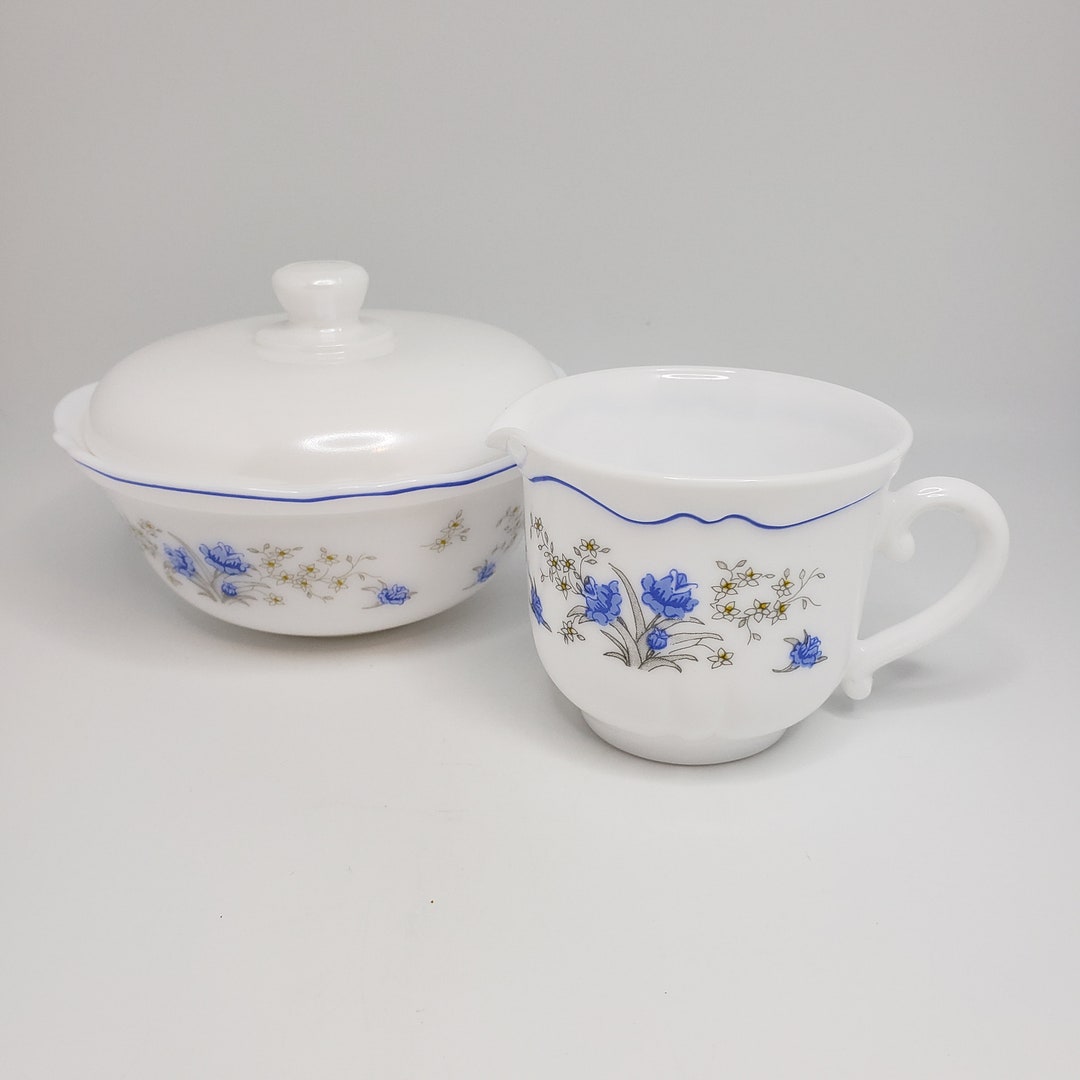 Arcopal Blue and White Creamer and Sugar Bowl With Lid - Etsy