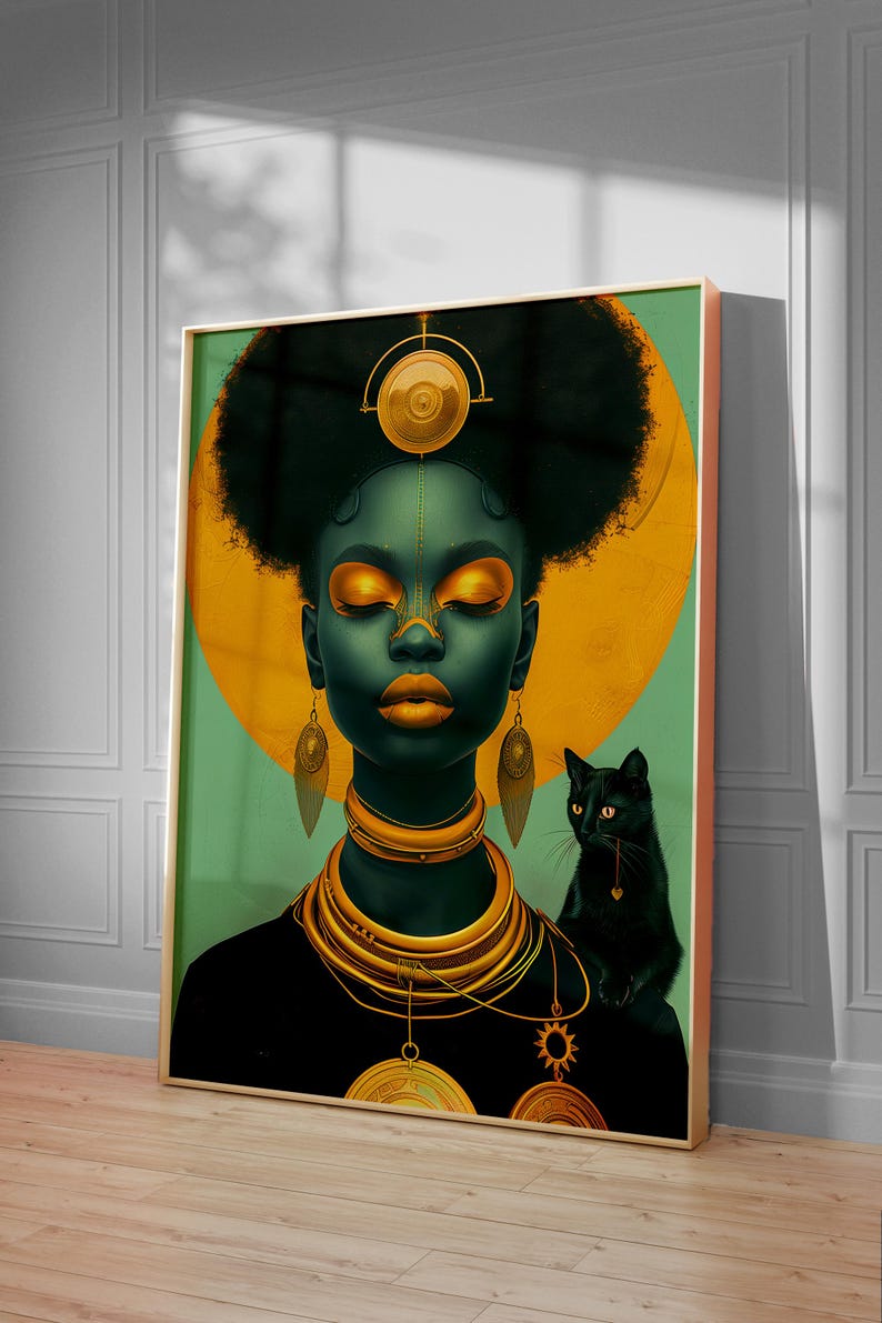 African Art Portrait: Black Woman With Cat (digital Download) - Etsy