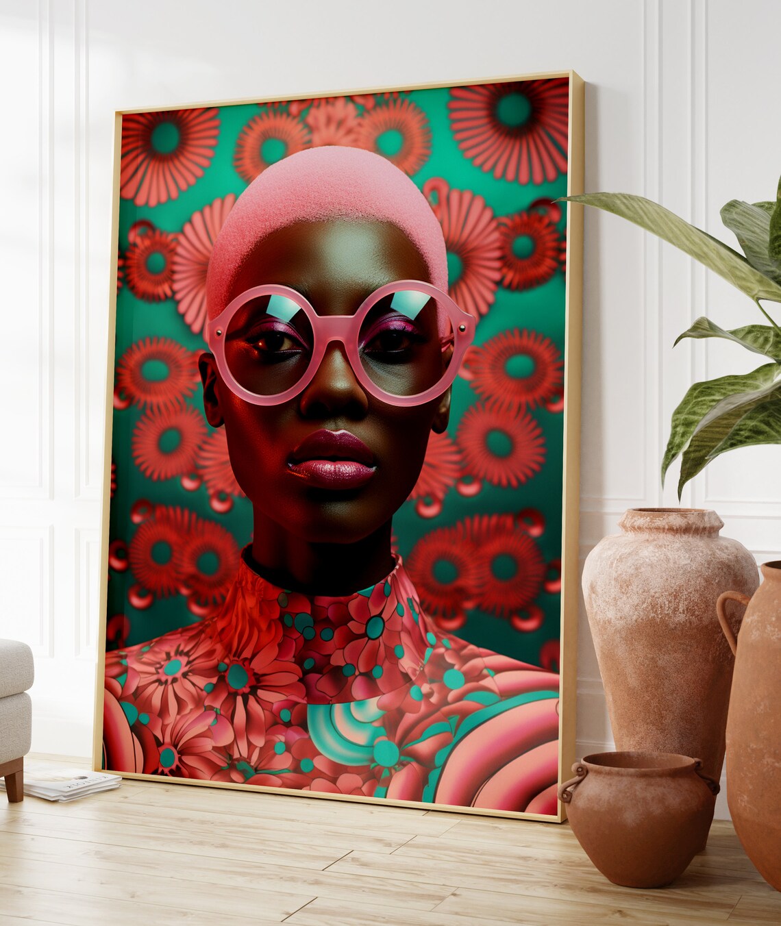 African Woman Art Print: Pink Floral Portrait (digital Download) - Etsy