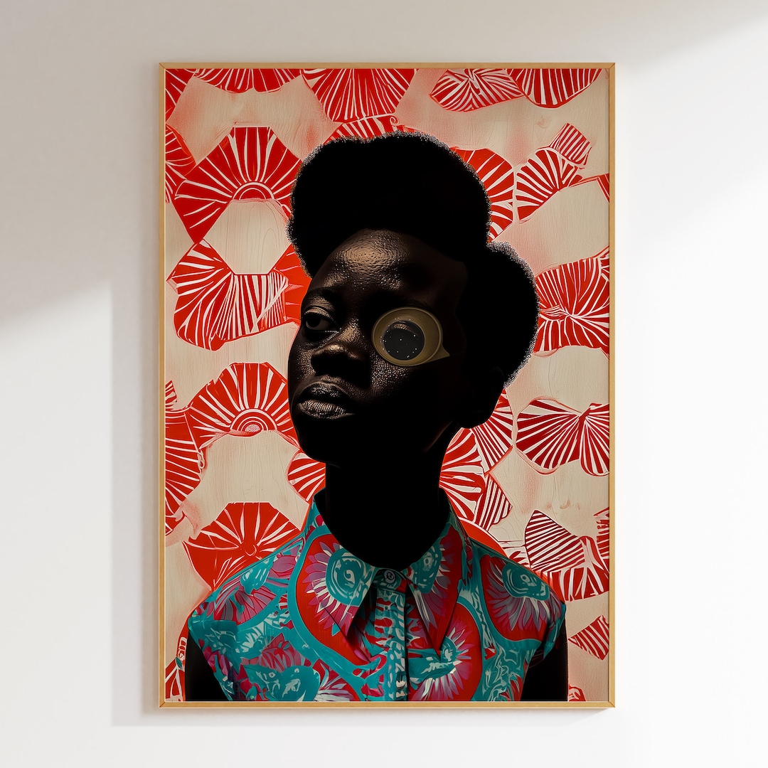African Woman Portrait Art Print: Red Patterned Background (digital ...
