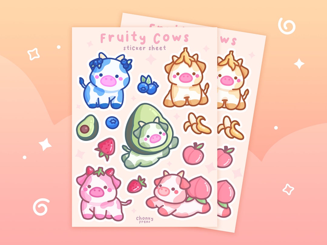 Fruity Cows Sticker Sheet, Cow Stickers, Fruit Stickers, Cute Sticker ...