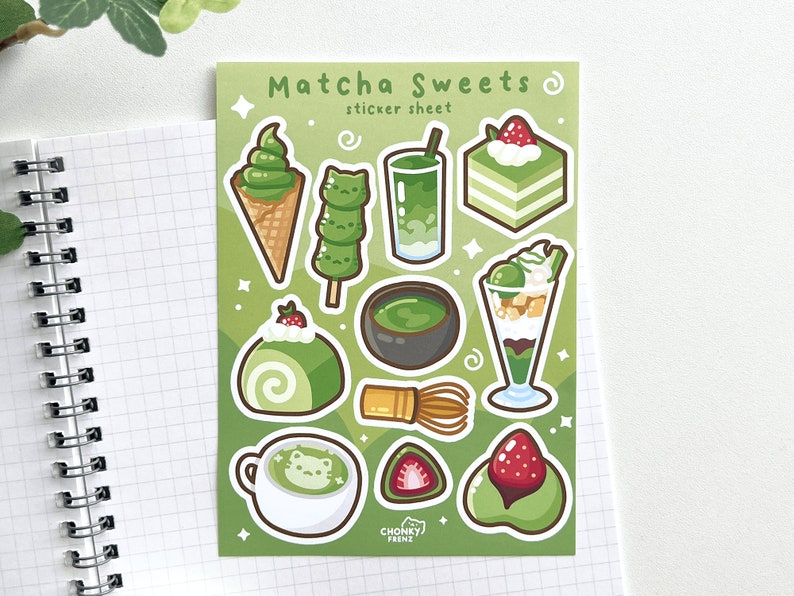Matcha Sweets Sticker Sheet, Matcha Stickers, Matcha Sticker Sheet, Cat ...