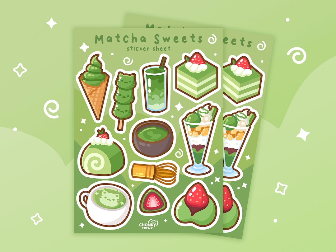 Matcha Sweets Sticker Sheet, Matcha Stickers, Matcha Sticker Sheet, Cat ...
