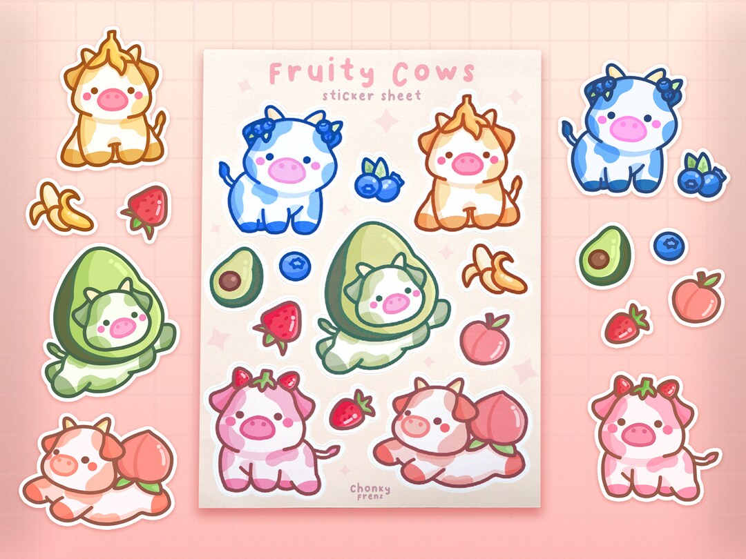 Fruity Cows Sticker Sheet, Kiss-cut Stickers, Cow Stickers, Cute ...