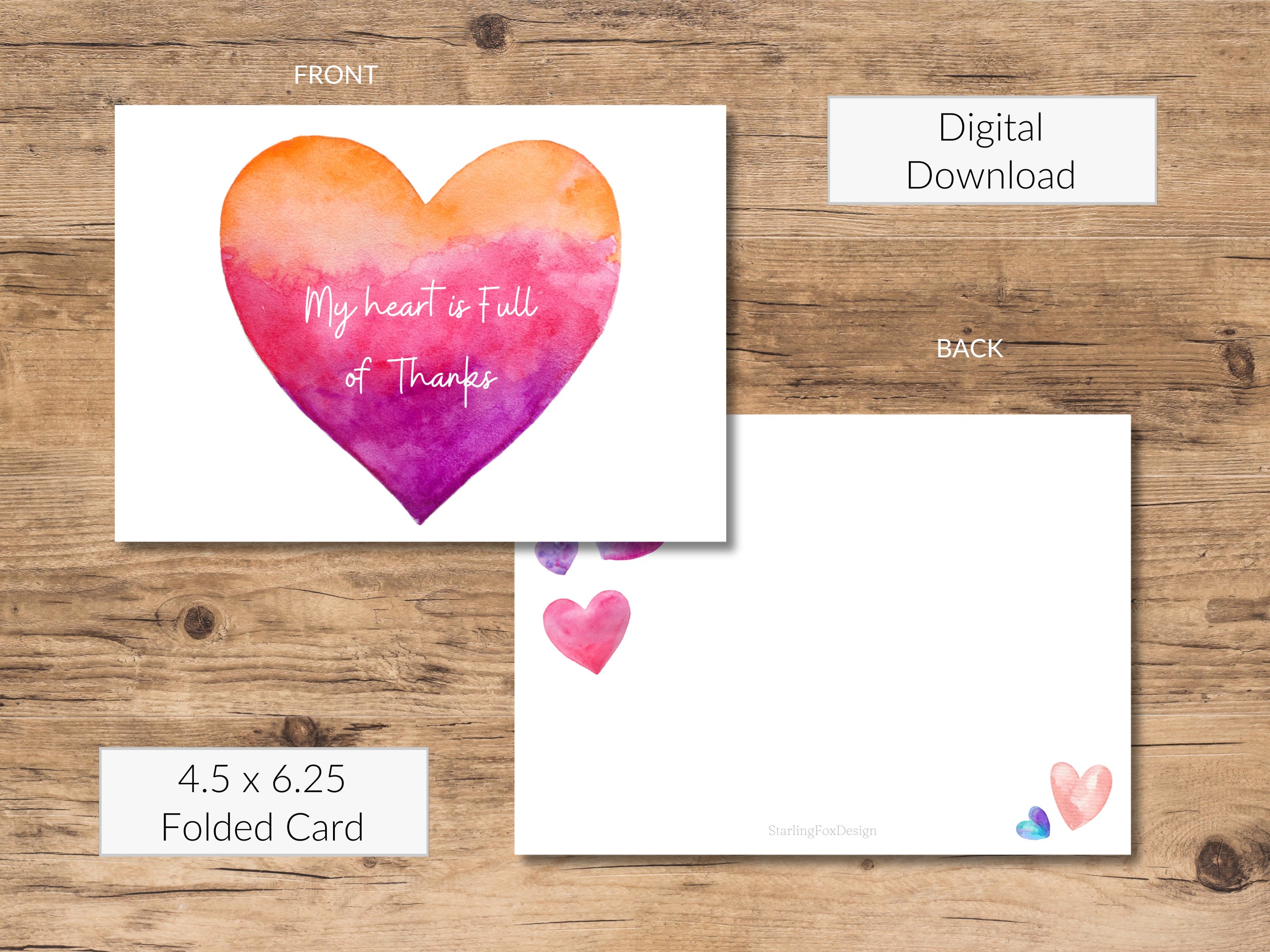 Watercolor Heart Thank You Card, Digital Download Card, Gratitude Card ...