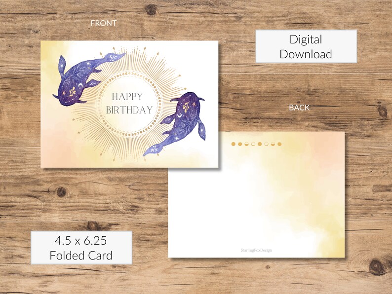 Coy Fish Celestial Birthday Card, Digital Download Card, Watercolor ...