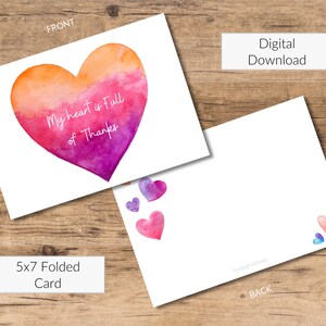 Watercolor Heart Thank You Card, Digital Download Card, Gratitude Card ...