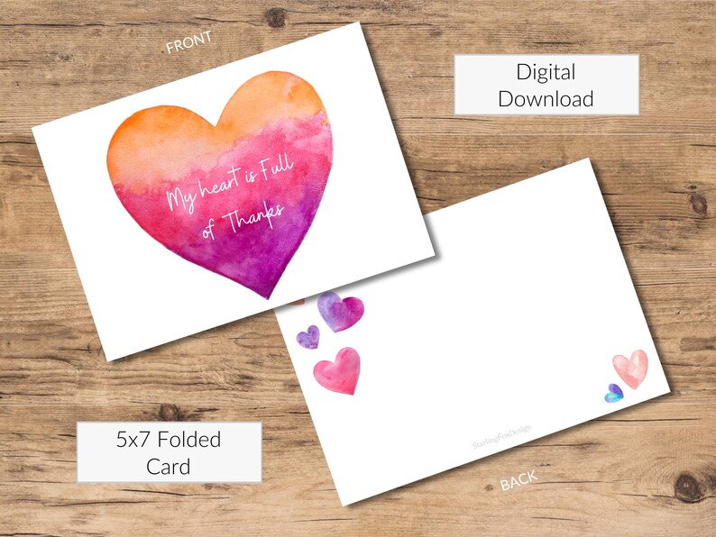 Watercolor Heart Thank You Card, Digital Download Card, Gratitude Card ...