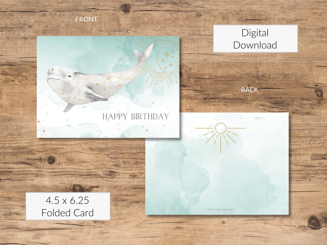 Beluga Whale Celestial Birthday Card, Digital Download Card, Watercolor ...