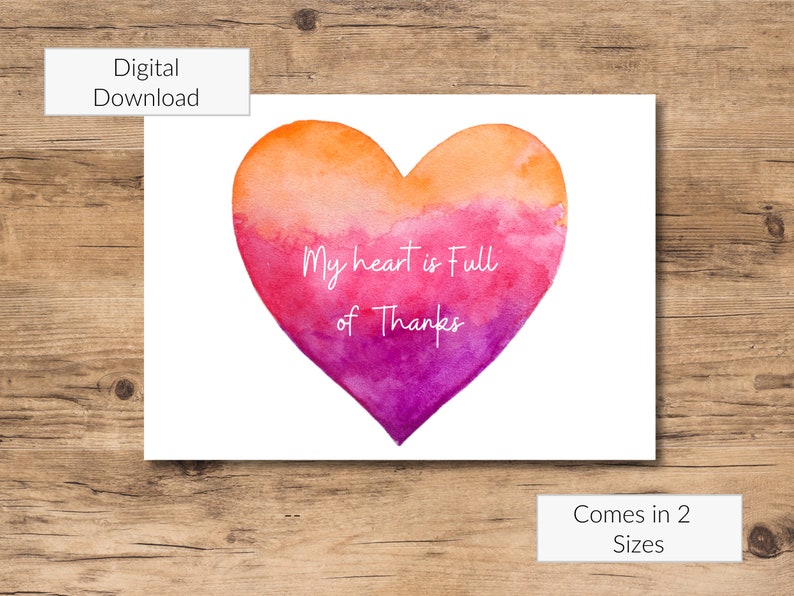Watercolor Heart Thank You Card, Digital Download Card, Gratitude Card ...