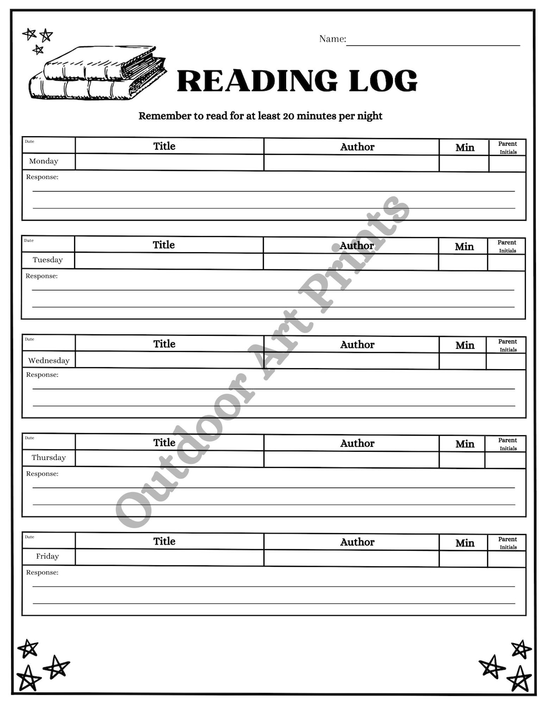 Reading Log for School Aged Children - Full Week - Elementary - Middle ...