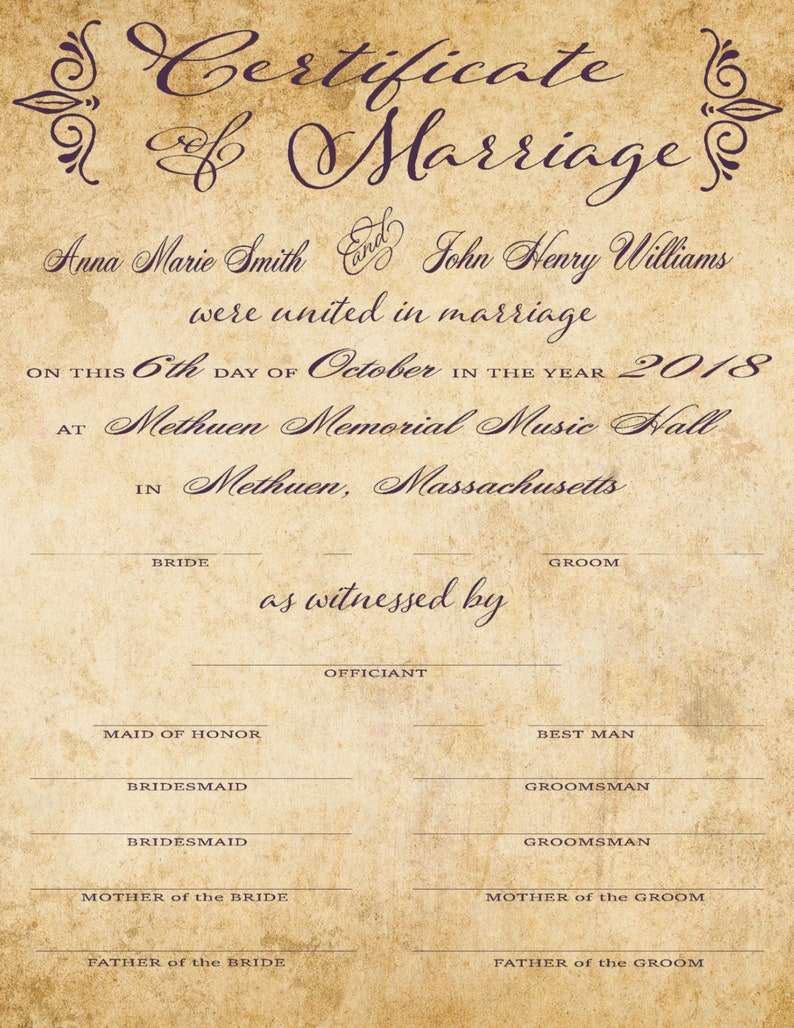 Printed - Customized Marriage Certificate, 8.5x11 or 11x14 Printed ...