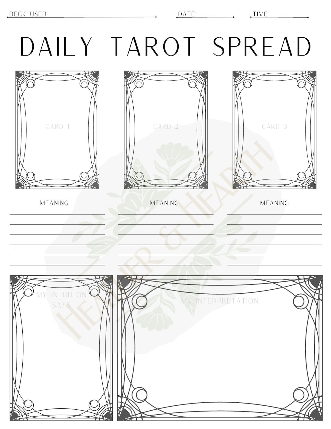Printable Daily Tarot Spread Worksheet for Three Card Tarot Pull, Learn ...