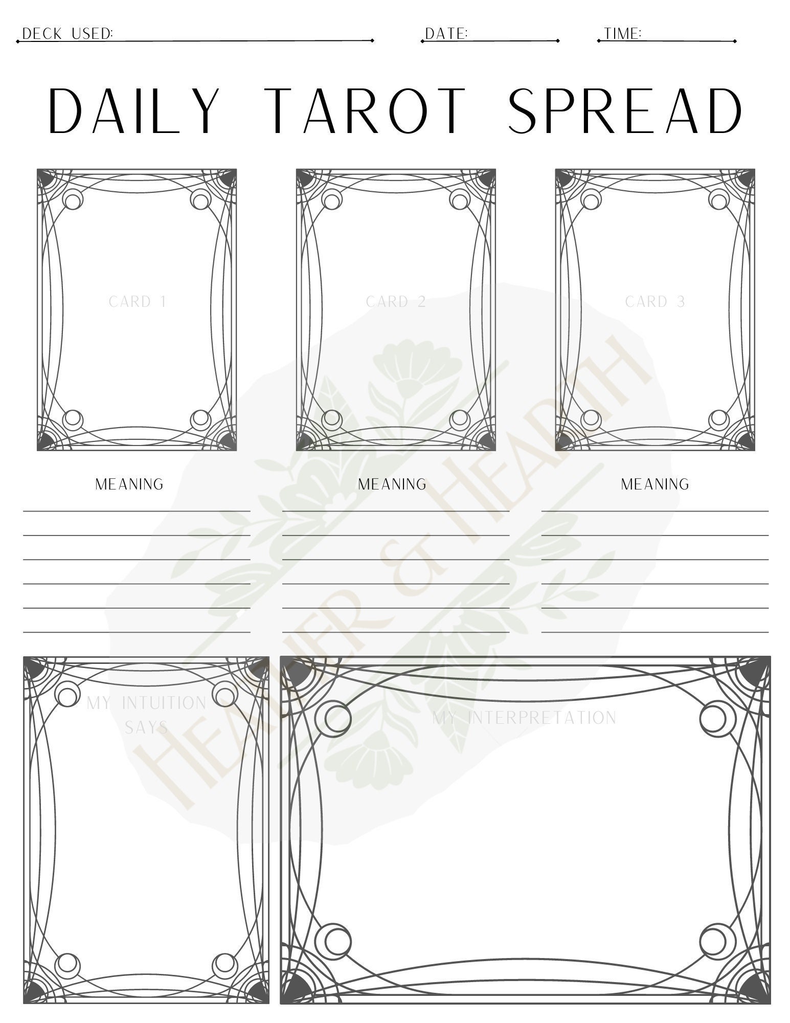 Printable Daily Tarot Spread Worksheet for Three Card Tarot Pull, Learn ...