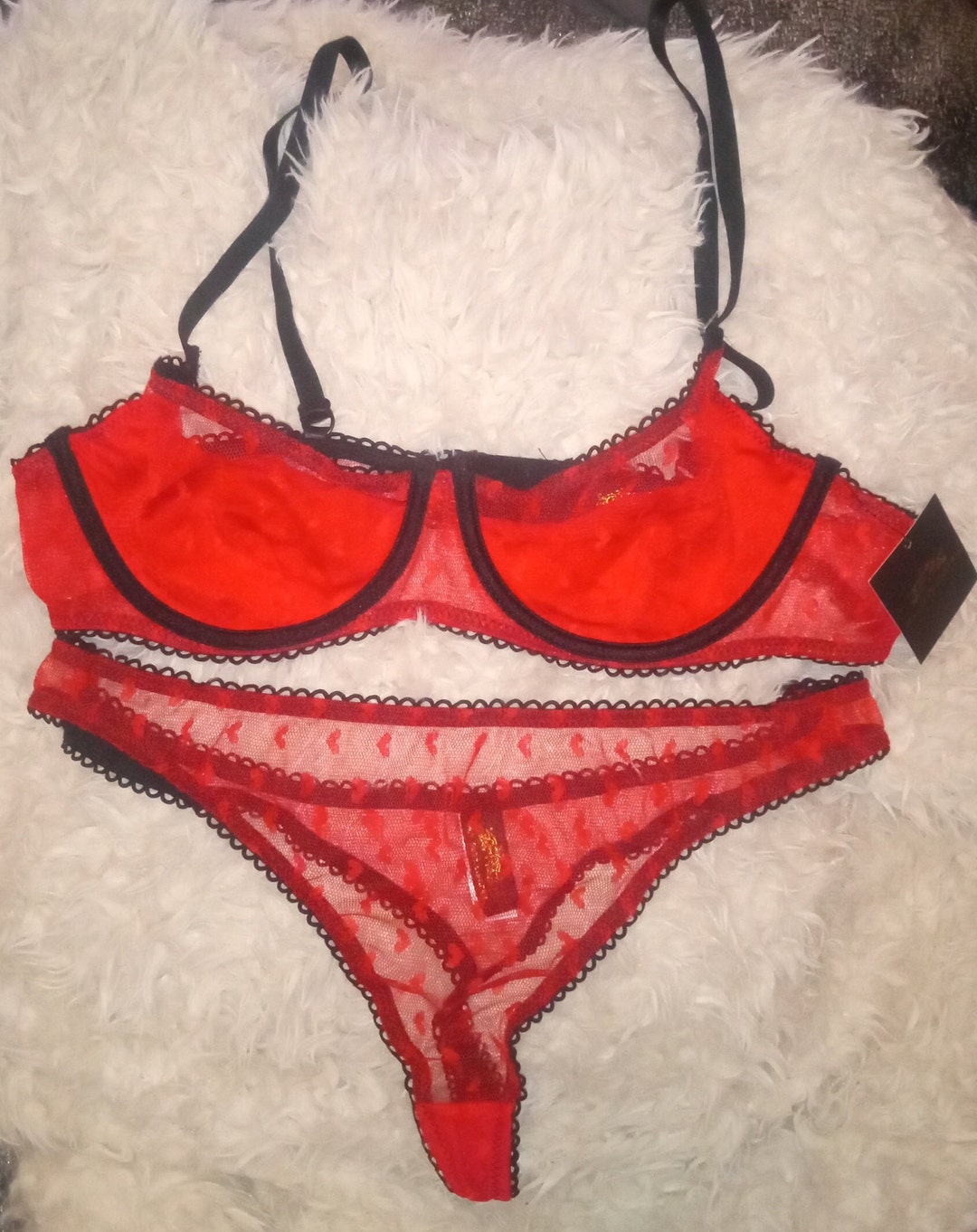Just Sexy Lingerie Set, Racy Red BRA & THONG, Sheer, Hearts, Medium/large, 2 Piece, Valentine ...