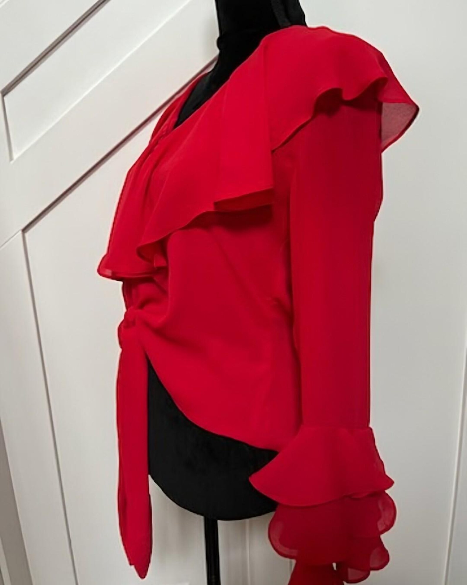 Red Ruffled Collar Front Tie Flounce Sleeve Flamenco Festive Blouse - Etsy